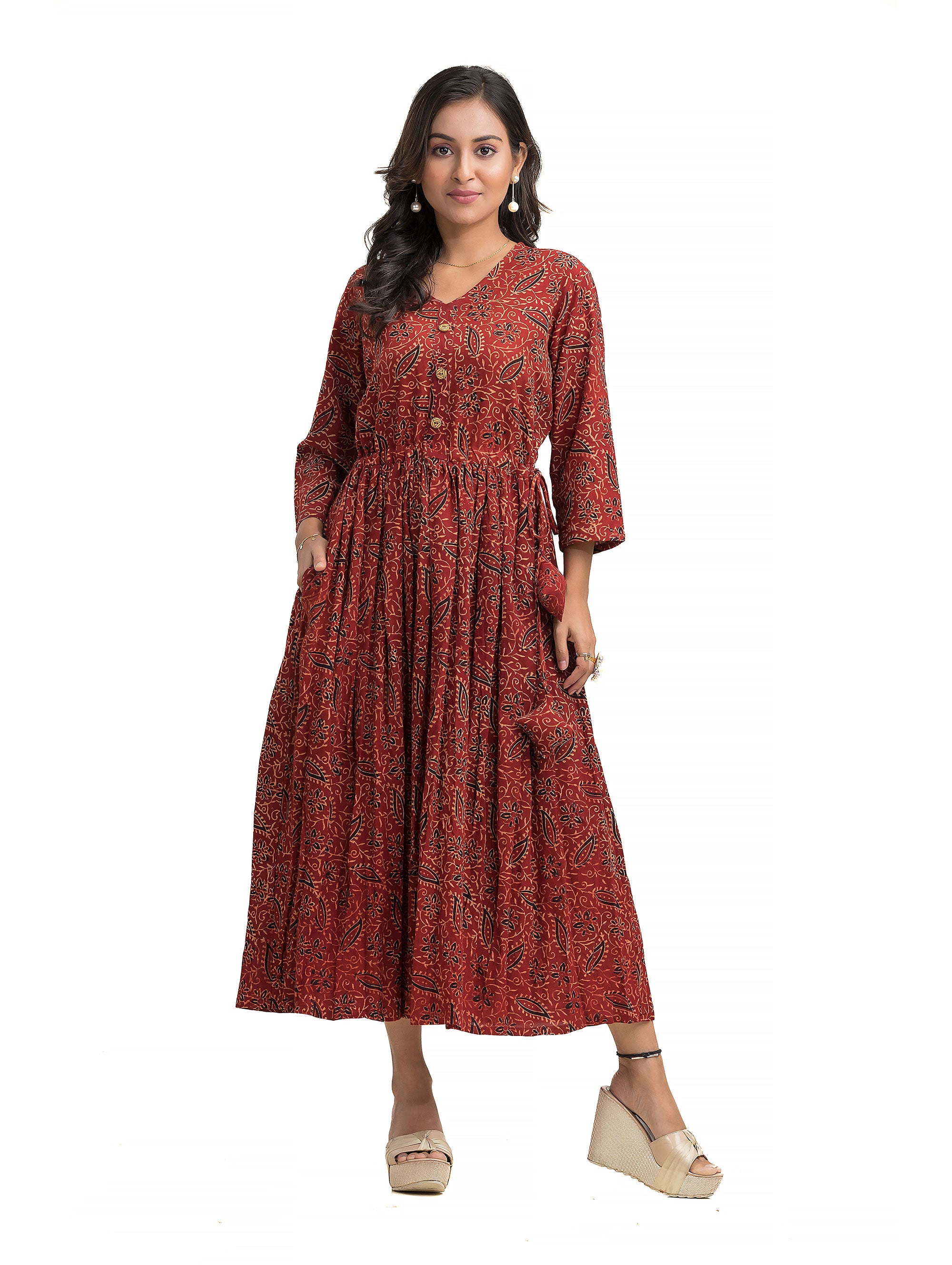 Ajrakh Maroon Frock Dress with Wooden Button and Adjustable Draw Strin