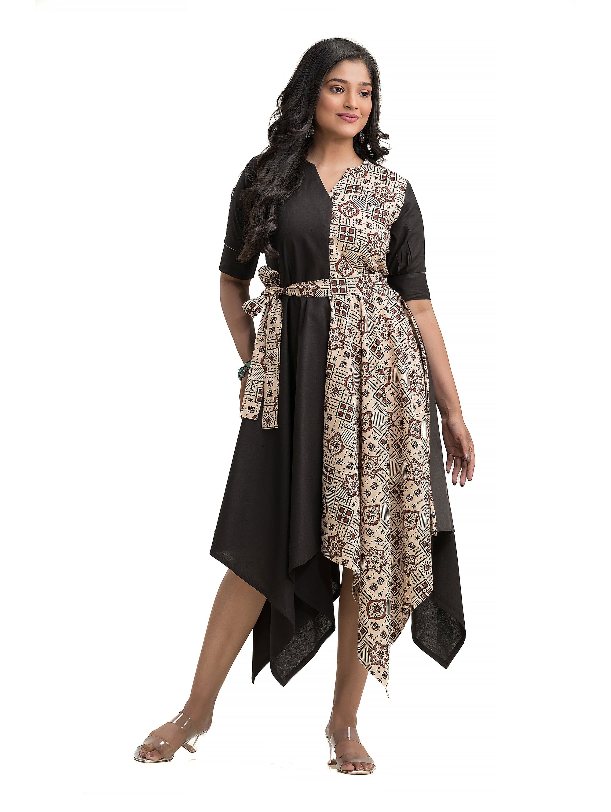 Handkerchief Cut Dress with Off White Ajrakh Print